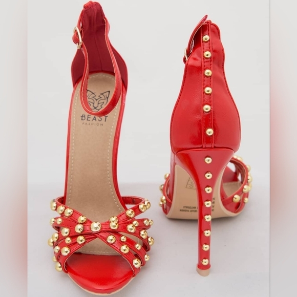 Shoes | Red Strappy Heels With Gold Studs | Poshmark